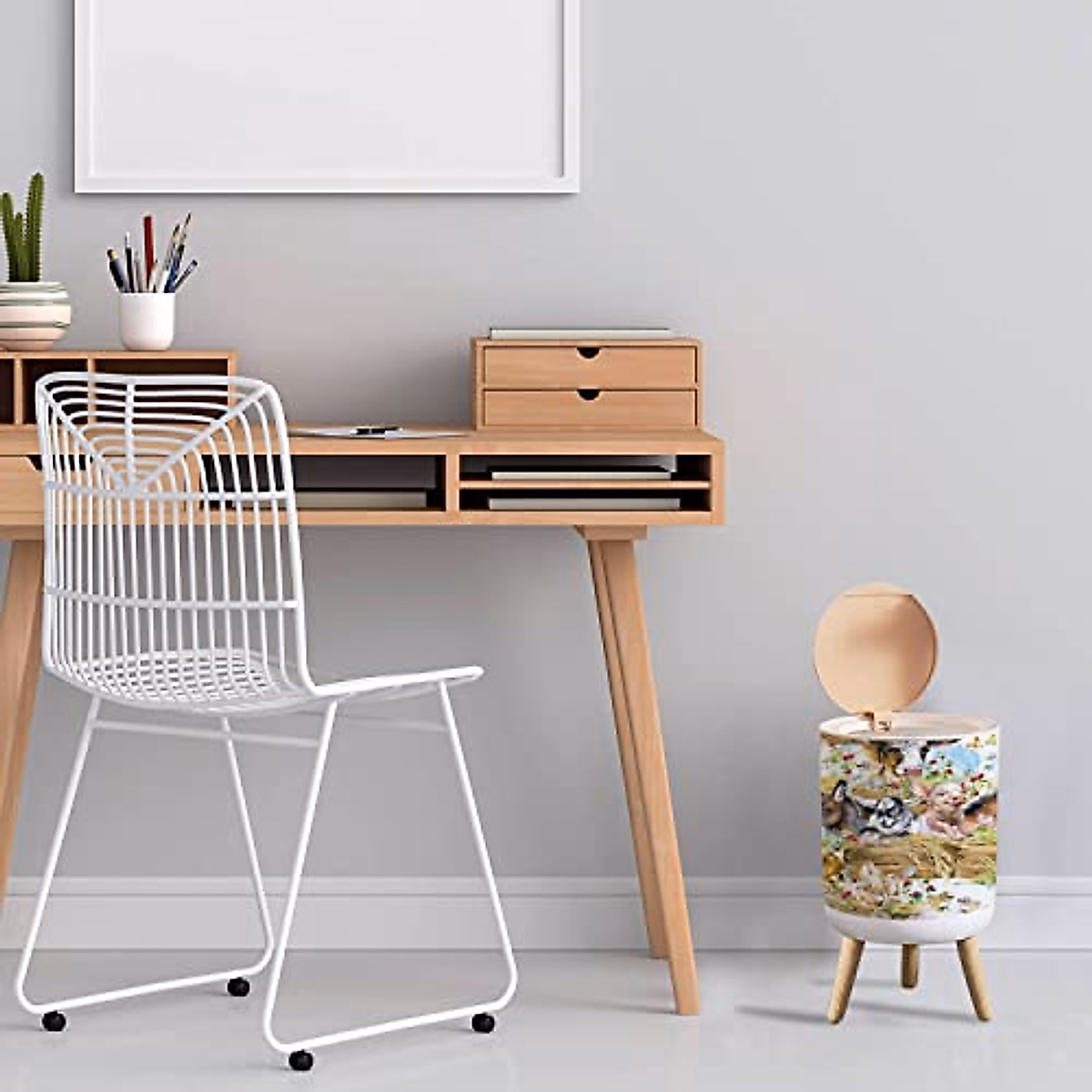 Small Trash Can with Lid Farms Animal Seamless Cute Domestic Pets Watercolor foal Piggy Chicken 7 Liter Round Garbage Can Elasticity Press Cover Lid Wastebasket for Kitchen Bathroom Office 1.8 Gallon