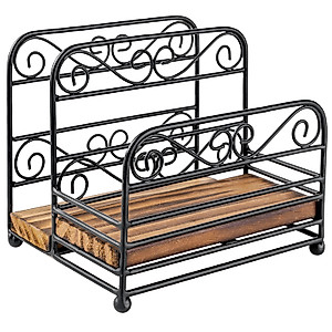 MyGift Black Metal and Burnt Wood Napkin Holder and Salt and Pepper Holder Caddy, Table Spice Jars and Condiment Napkin Rack with Vintage Scrollwork Design