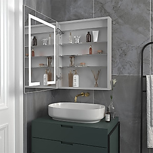 Liviza LED Bathroom Medicine Cabinet with Mirror, 24 x 30 Inch, Recessed or Surface Lighted Medicine Cabinet, Defog, Auto Memory Light Setting, 2 Outlets, Storage Shelves (Left Soft Close Hinge)