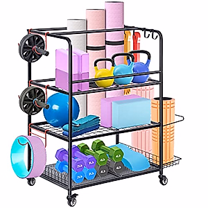 Home Gym Storage Rack, Yoga Mat Storage Racks, All in One Workout Equipment Storage Organizer for Yoga Ball Dumbbell Kettlebells Foam Roller Resistance Bands, Exercise Shelf with Hooks and Wheels