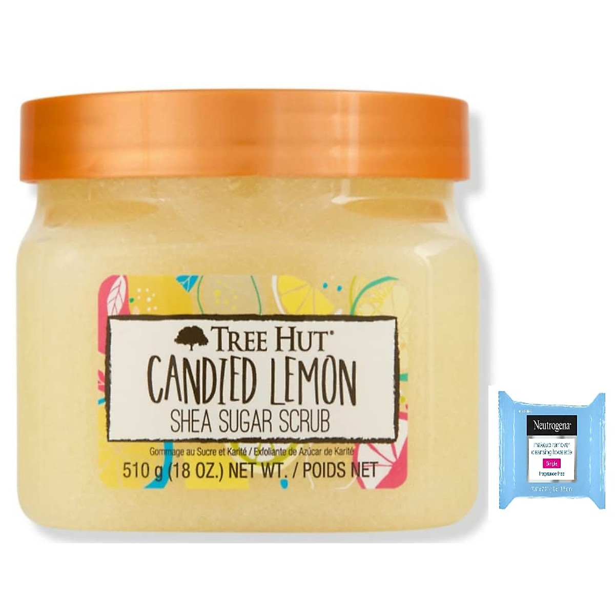 T H Tree Hut Shea Sugar Body Scrub Candied Lemon,18oz, With Single Fragrance-Free Makeup Remover Cleansing Towelettes