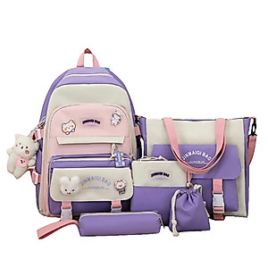Aobiono 5Pcs Kawaii Backpack Set Aesthetic Preppy Cute School Supplies Kit with Pins Bear Pendant Light Academia Pastel Soft Cottagecore Japanese (Purple)