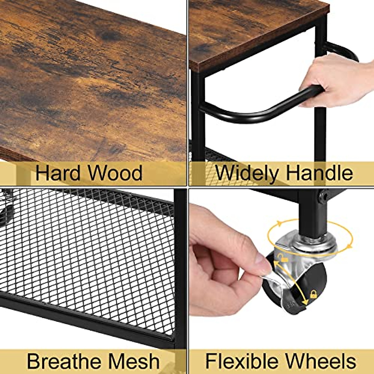 NANANARDOSO Kitchen Cart on Wheels, 3 Tier Mesh Utility Storage Cart, Wood Look Top and Metal Frame Rolling Pantry Cart for Kitchen, Living Room, Laundry Storage, Rustic Brown.