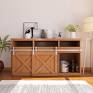 Homacer Mini Brushed Nickel Single Track Bypass Sling Barn Door Hardware Kit, for Two/Double Doors, 42-inch Long Flat Track, Classic Design Roller, Cabinet TV Stand Console Use