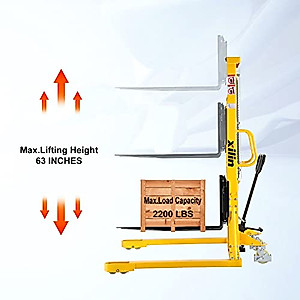 Xilin Manual Pallet Stacker 2200lbs Capacity 63" Lift Height with Straddle Legs Adjustable Forks