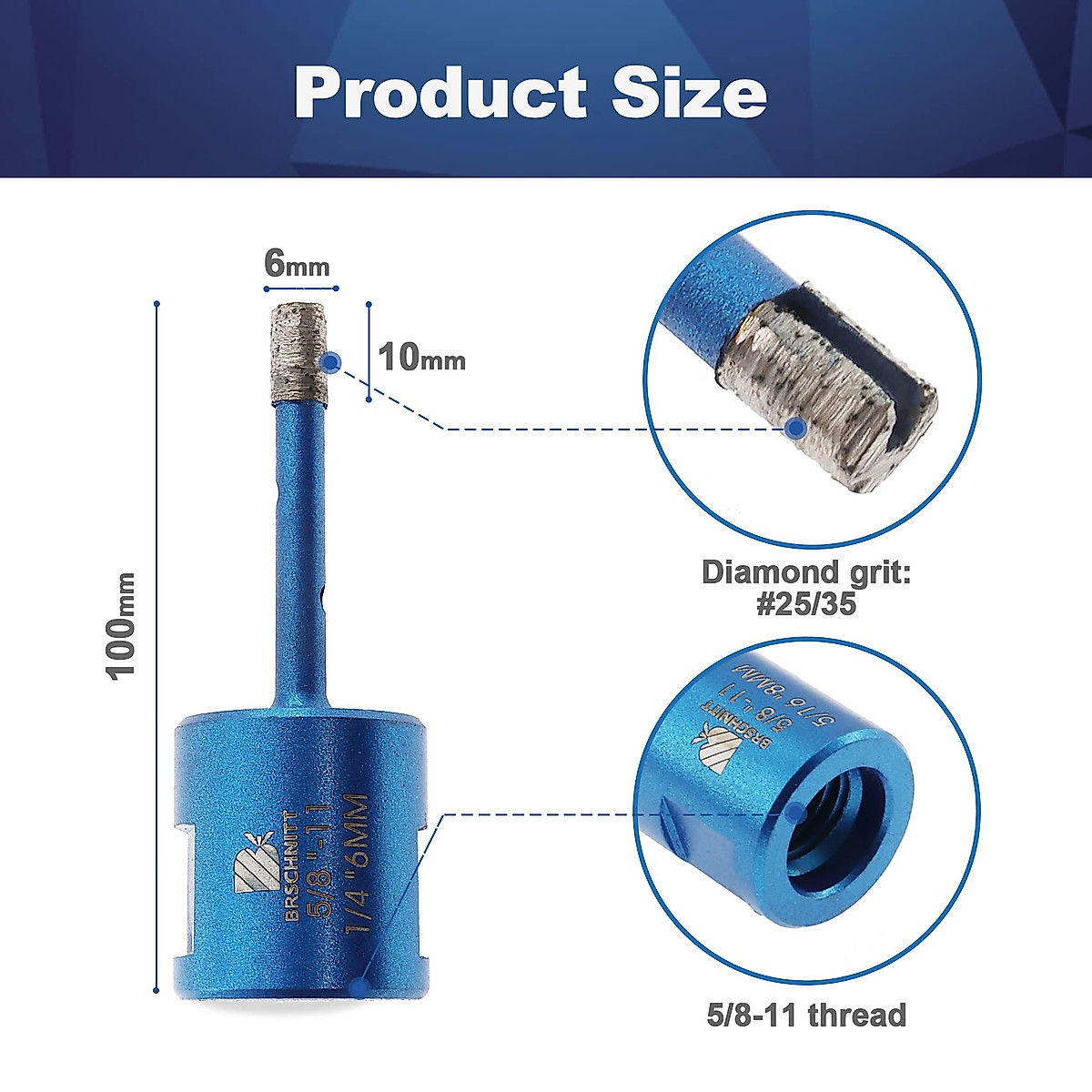 Wet Diamond Drill Bits - BRSCHNITT 1/4inch(6mm) Diamond Hole Saw with 5/8-11 Thread for Drilling Hard Granite Concrete Marble Countertops