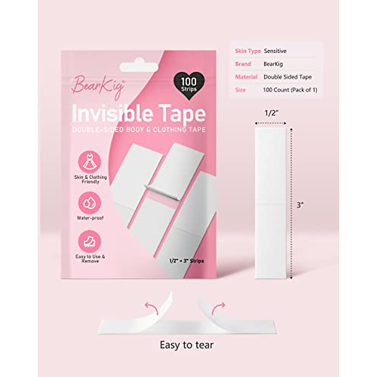 100-Strips Double-Sided Tape for Fashion, Tape for Clothes, Fabric Tape for Women Clothing and Body, All Day Strength Tape Adhesive, Invisible and Clear Tape for Sensitive Skins