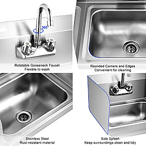Giantex Stainless Steel Hand Washing Sink, Wall Mount Hand Sink with Faucet, Side Splash, Stainer, Two Temperature Water Inlet, 17" x 15" Commercial Hand Sink for Restaurant, Kitchen