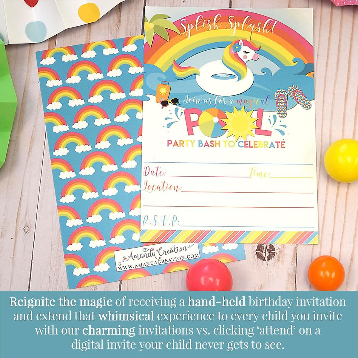 Unicorn Pool Float Rainbow Birthday Party Invitations, 20 5x7 Fill In Cards with Twenty White Envelopes by AmandaCreation