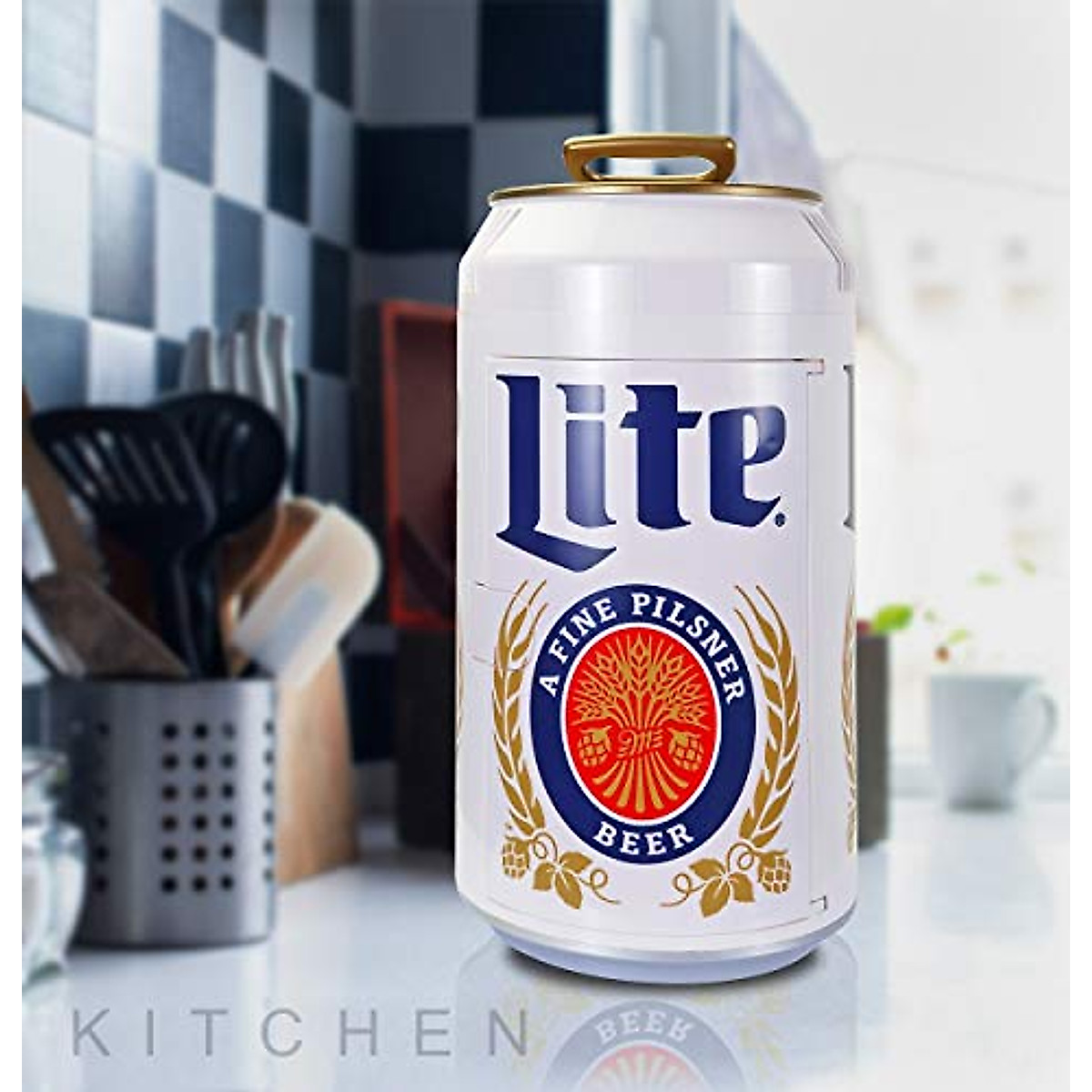 Miller Lite 8 Can Portable Mini Fridge w/ 12V DC and 110V AC Cords, 5.4L (5.7 qt) Beer Can Shaped Personal Cooler, White, Travel Fridge for Beer, Snacks, Lunch, Drinks, Home, Office, Bar, Dorm, RV