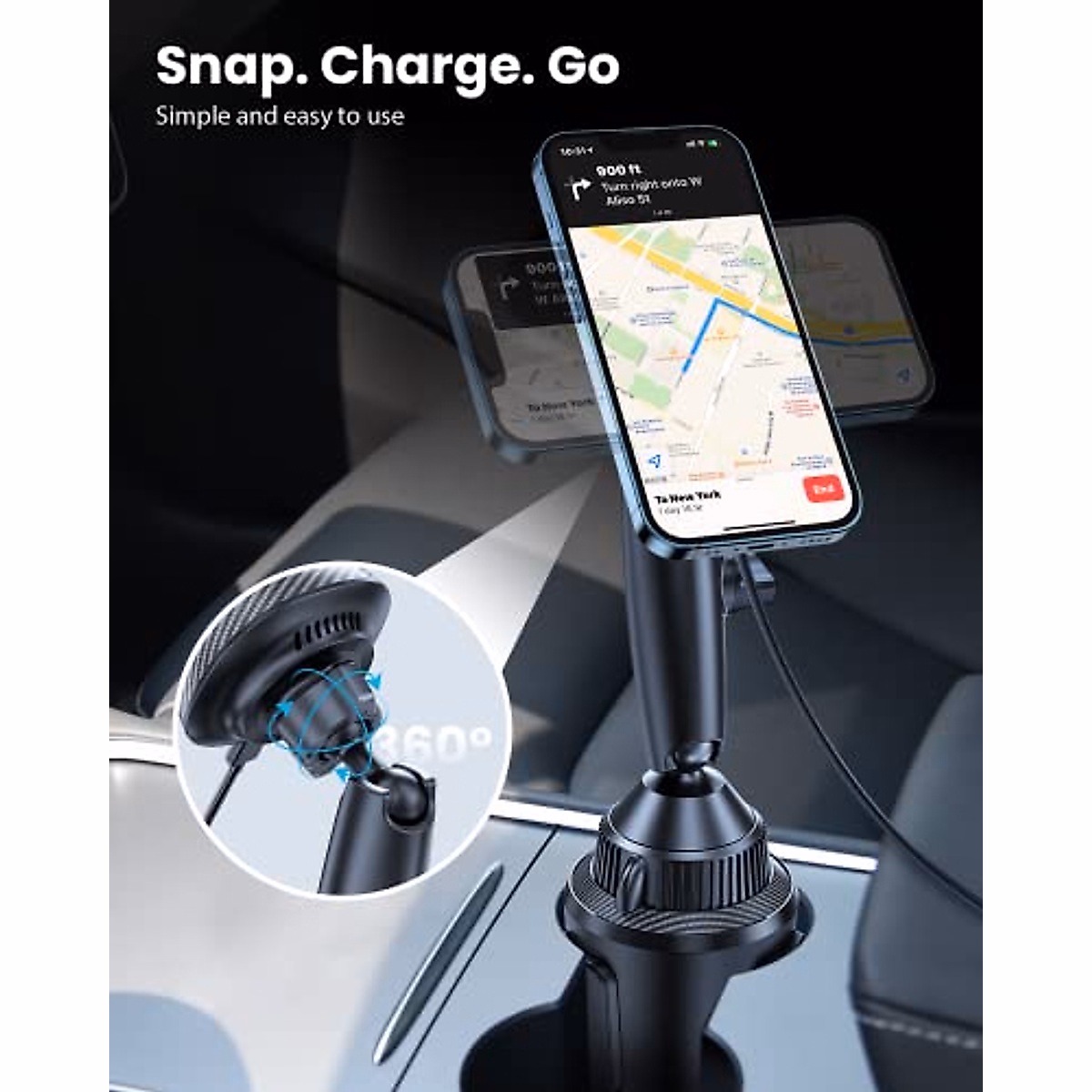 EXELIQ Magnetic Wireless Car Mount Charger, Tri-Pivot Cup Holder Charger Mount with Heat Dissipation System, Fast Magsafe Charging Holder for iPhone 14 13 Pro Max Mini [with QC 3.0 Adapter]