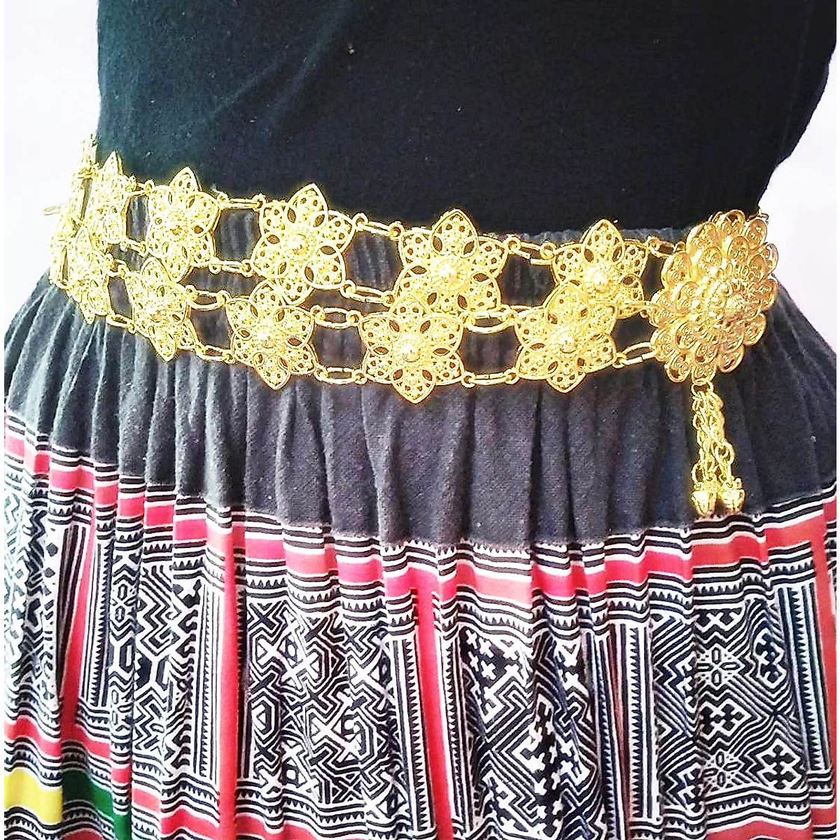 PunPund Belt Thai Gold Plate Star Flower Vintage Women Thailand Costume Wedding Chain Dress Dance Ram Thai 40-41 Inches