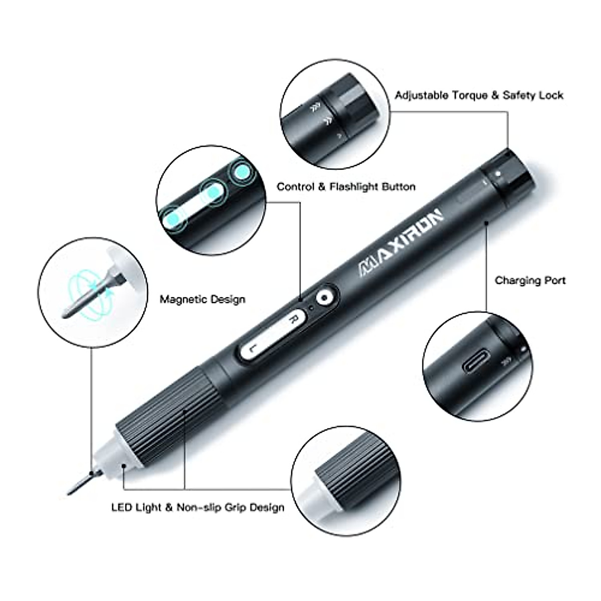 MAXIRON Advanced Mini Electric Screwdriver - 48pc Magnetic Driver Bit Set, 3 Unique Torque Levels, Rechargeable, Independent LED Light - Precision Tool for Phones, Laptops, Watches, & Electronics