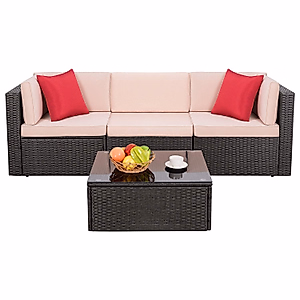 Homall 4 Pieces Patio Outdoor Furniture Sets, All Weather PE Rattan Wicker Sectional Sofa Modern Manual Conversation Sets with Cushions and Glass Table for Lawn Backyard Garden Poolside（Beige）