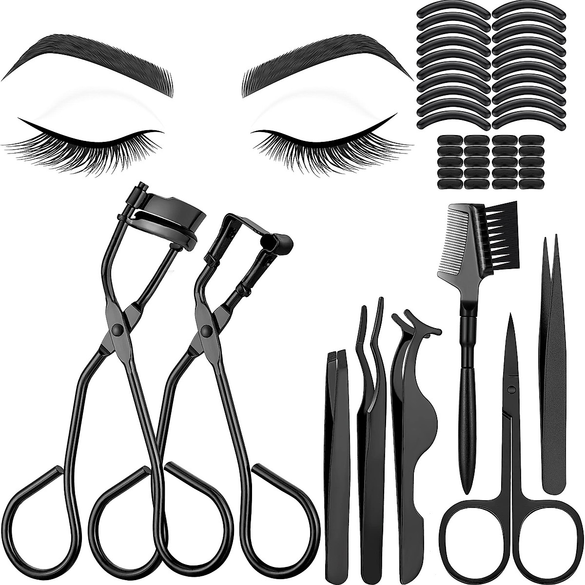 Mudder 48 Pcs Eyelash Curler Makeup Tools Set, Include Mini Eyelash Curler Kit, Eyebrow Extension Tweezers, Brush Comb and Scissors, Silicone Refill Pads, Black