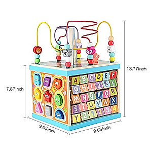 Qilay Wooden Activity Cube for Toddlers 1-3 (Large), 5 in 1 Multipurpose ABC-123 Abacus Bead Maze Shape Sorter | Early Educational Toy for Toddlers - First Birthday Present for Boys Girls