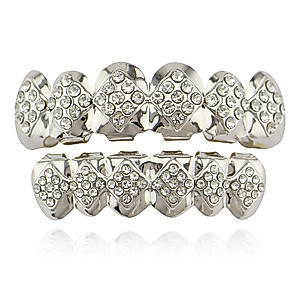 OOCC 18k Gold Plated Iced Out Grills with Diamond Hip Hop Teeth Grillz Caps Top and Bottom Set for Your Teeth (Silver)
