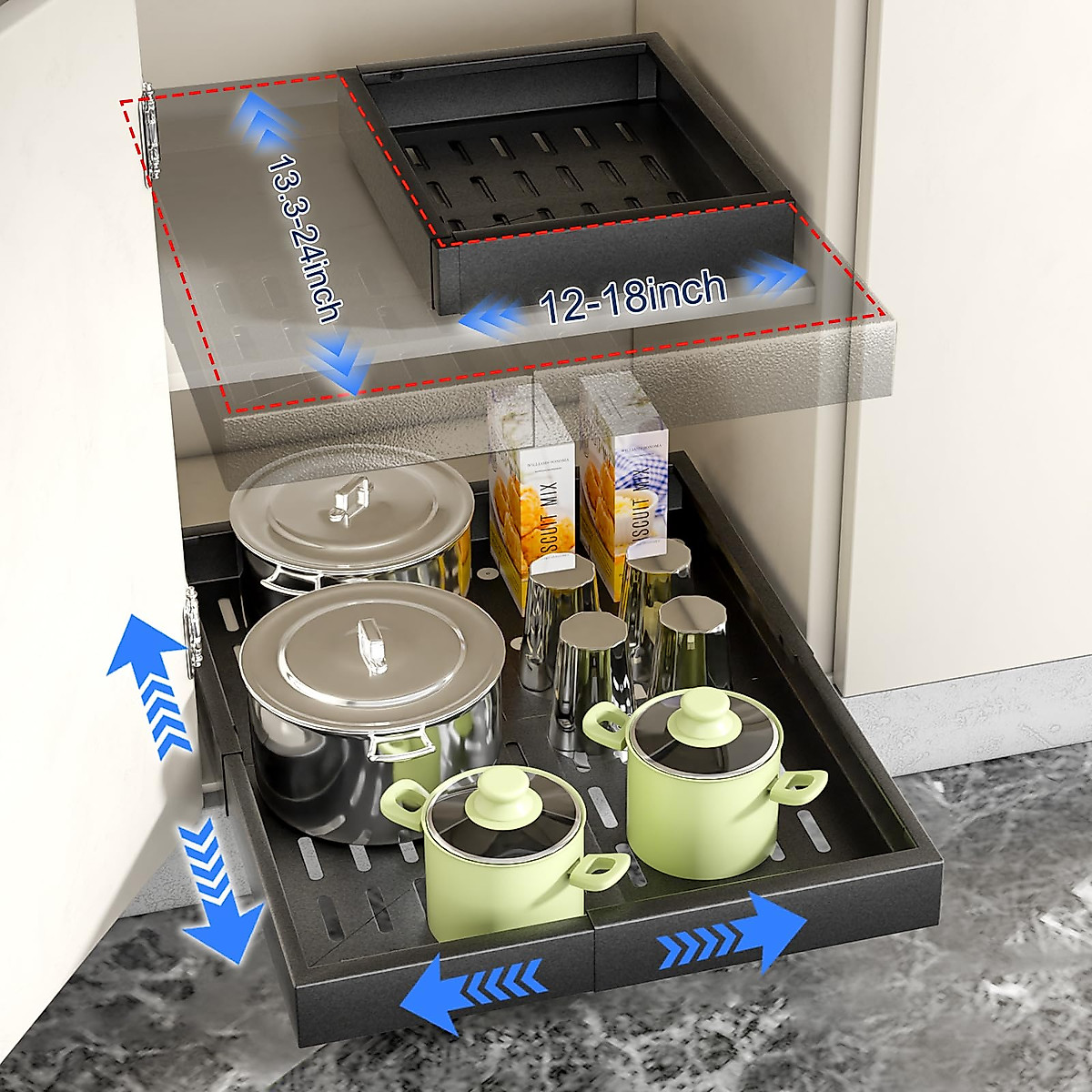 Ehfetyia Pull Out Cabinet Organizer Expandable(Width 12"-18" and Depth 13.3-24"), Adjustable Cabinet Drawers,for Kitchen Cabinets,Pantry Storage Shelves, Pull Out Cabinet Organizer(Black)