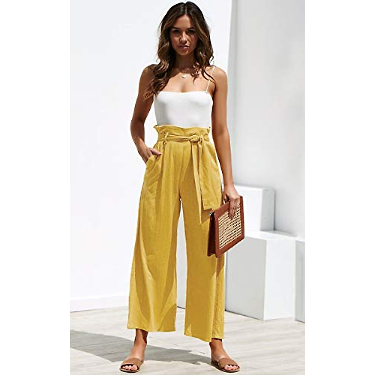 ECOWISH Palazzo Pants for Women: Wide Leg Flowy Polka Dot Work Pants Pockets High Waist Business Belt Striped Trousers Loose Yellow Medium