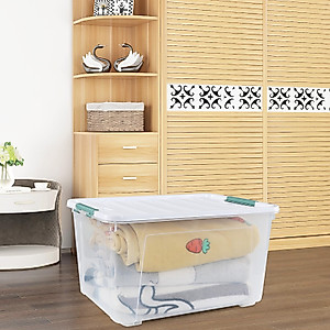 Qskely 80 L Large Clear View Plastic Storage Bin with Lid and Secure Latching Buckles, 4-Pack Wheeled Clear Storage Boxes