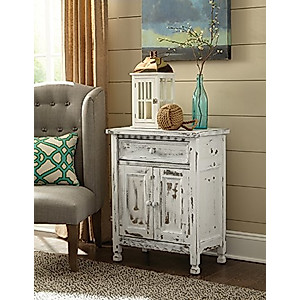Rustic Cottage Accent Cabinet with 1 Drawer and 2 Doors, White Antique - Living Room Furniture, Functional Design with Dental Work and Turned Legs, Wipe Clean with a Dry Cloth