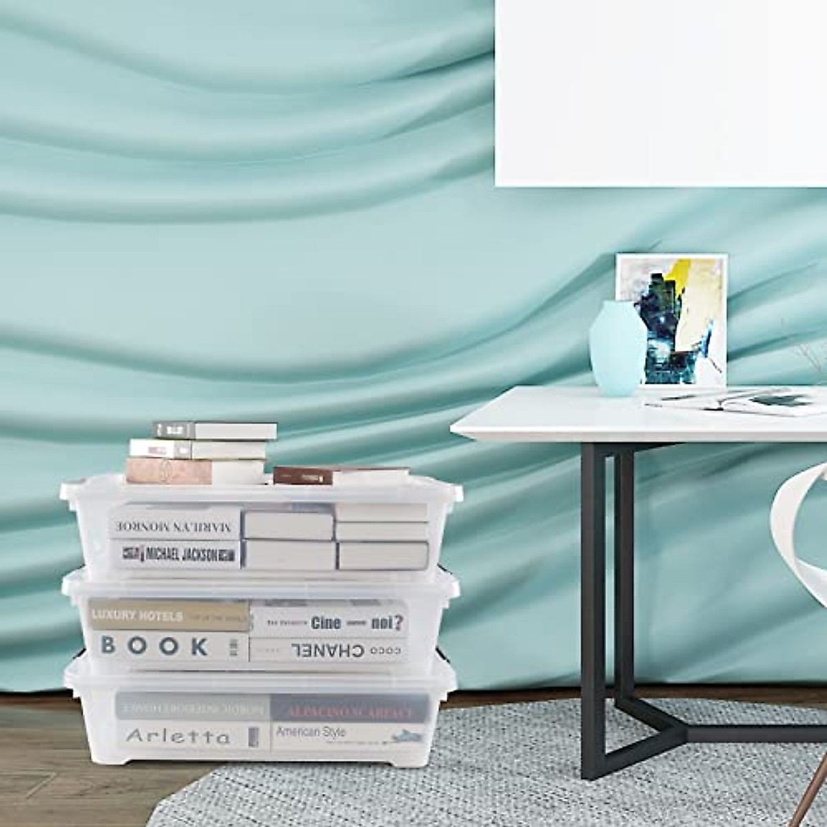 Saedy 4 Pack 40 Qt Plastic Underbed Storage Container Box with Wheels, Clear