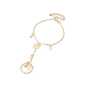 Butterfly Finger Ring Bracelet for Women 14K Gold Plated Dainty Star Slave Hand Chain Harness Bangle Boho Gypsy Bollywood Beach Wedding Retro Party Y2K Jewelry 2 Pieces
