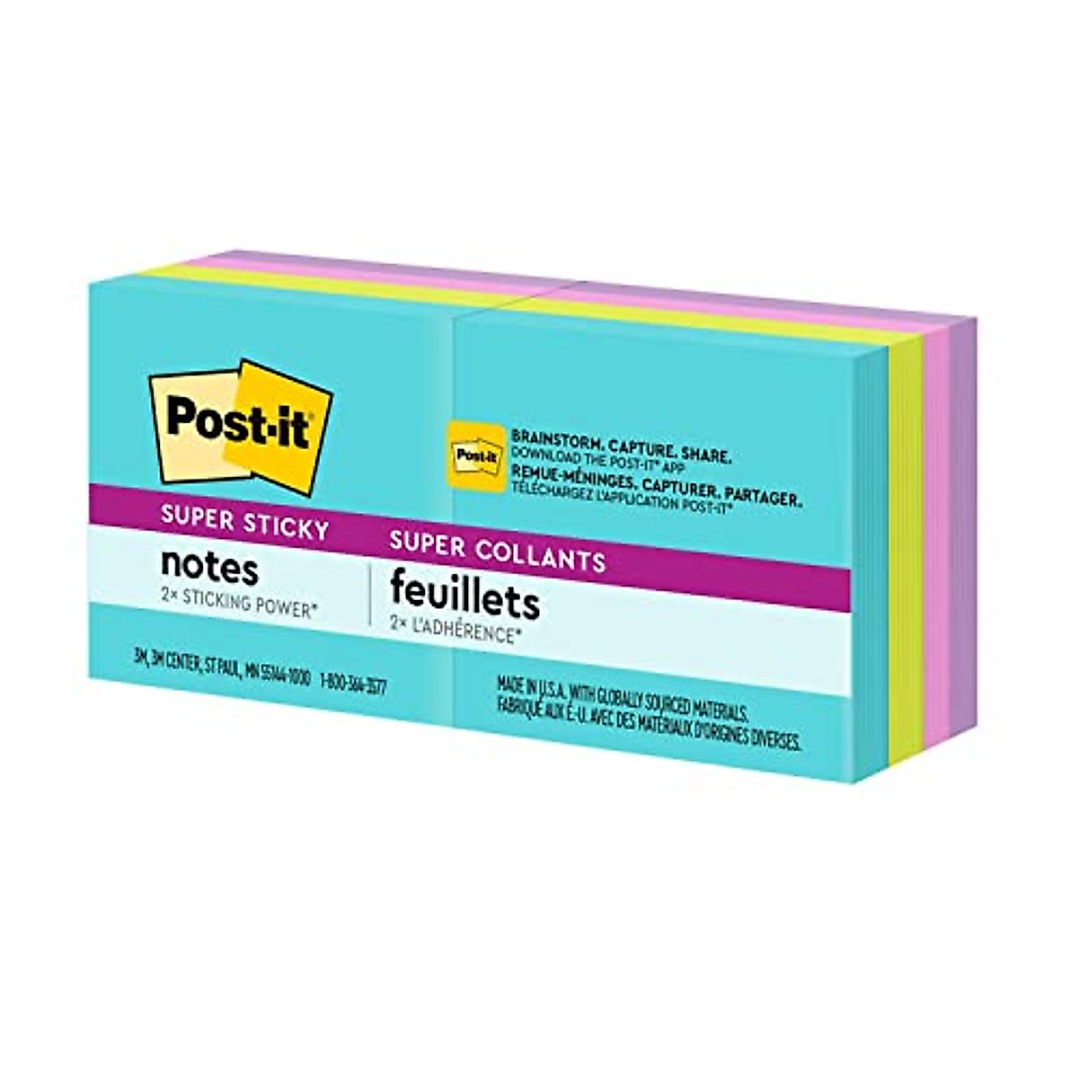Post-it Super Sticky Notes,2x2 in, 8 Pads, 2x the Sticking Power, Supernova Neons Collection, Recyclable (622-8SSMIA) , 1 7/8" x 1 7/8" , Assorted