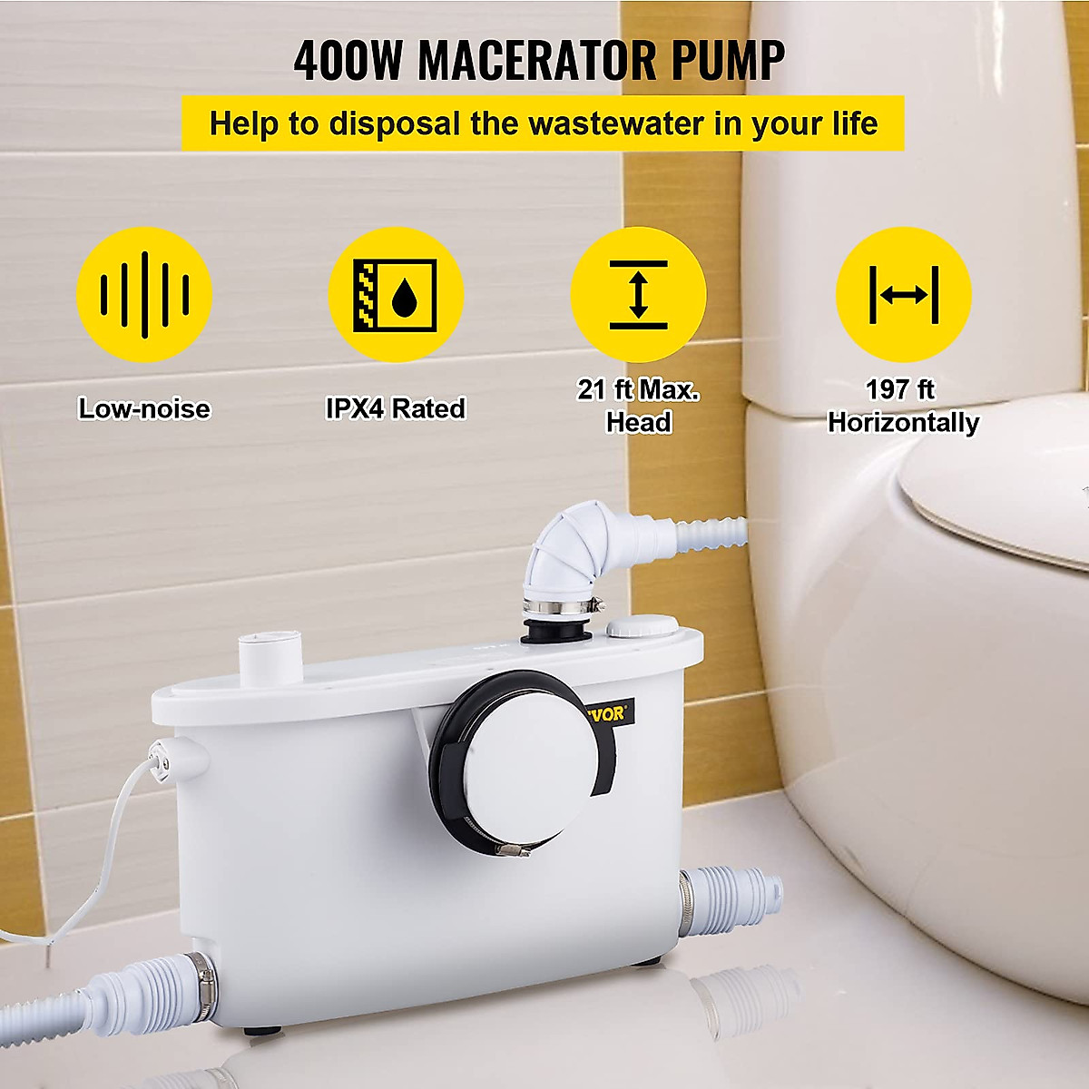 VEVOR Macerator Pump 400W, 4 Inlets for Basement, Kitchen, Toilet, Sink, Shower, Bathtub Waste Water Disposal Upflush Machine, Elevation up to 21ft, White