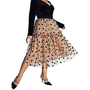 Floerns Women's Plus Size Heart Printed Contrast Mesh Frill Trim Flared Midi Skirt Apricot 2XL