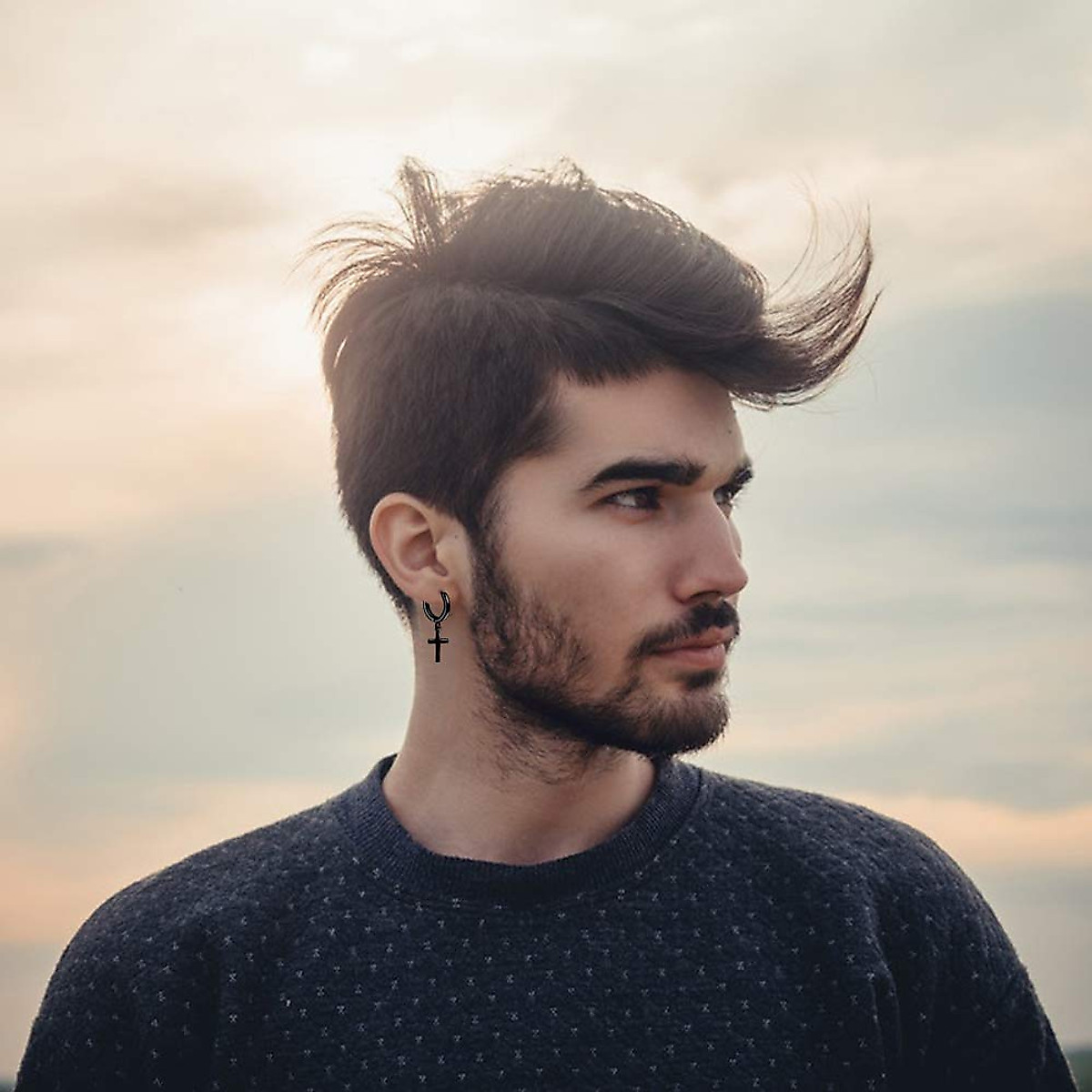 Sterling Silver Black Hanging Clip On Cross Hoop Earrings for Men Women (Black Cross Earrings)