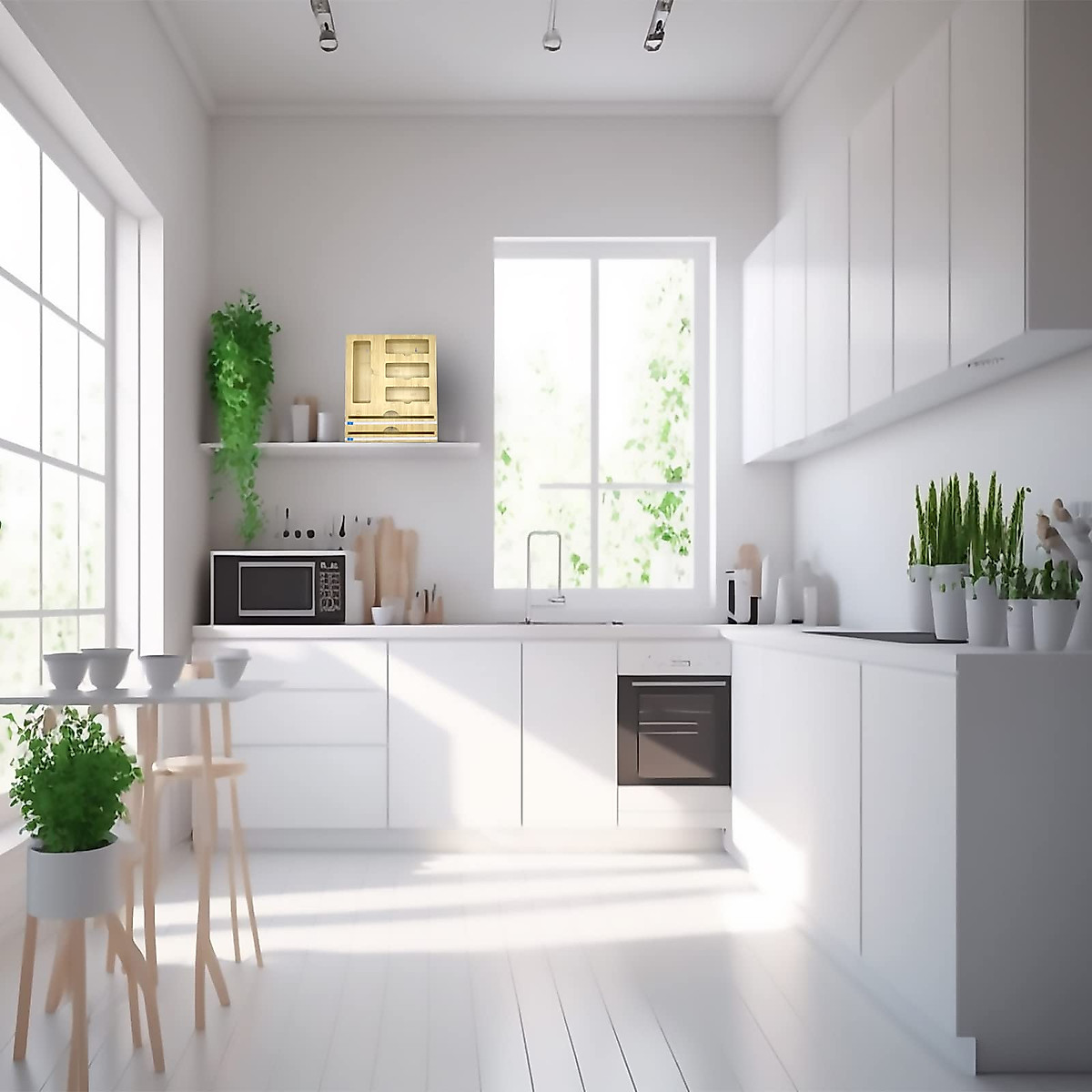 LQQBOX Bamboo Ziplock Bag Storage Organize, 6 in 1 Bamboo Wrap Dispenser Compatible with 12" Parchment Paper Roll Cutter for Gallon, Quart, Sandwich Bags, Roll etc