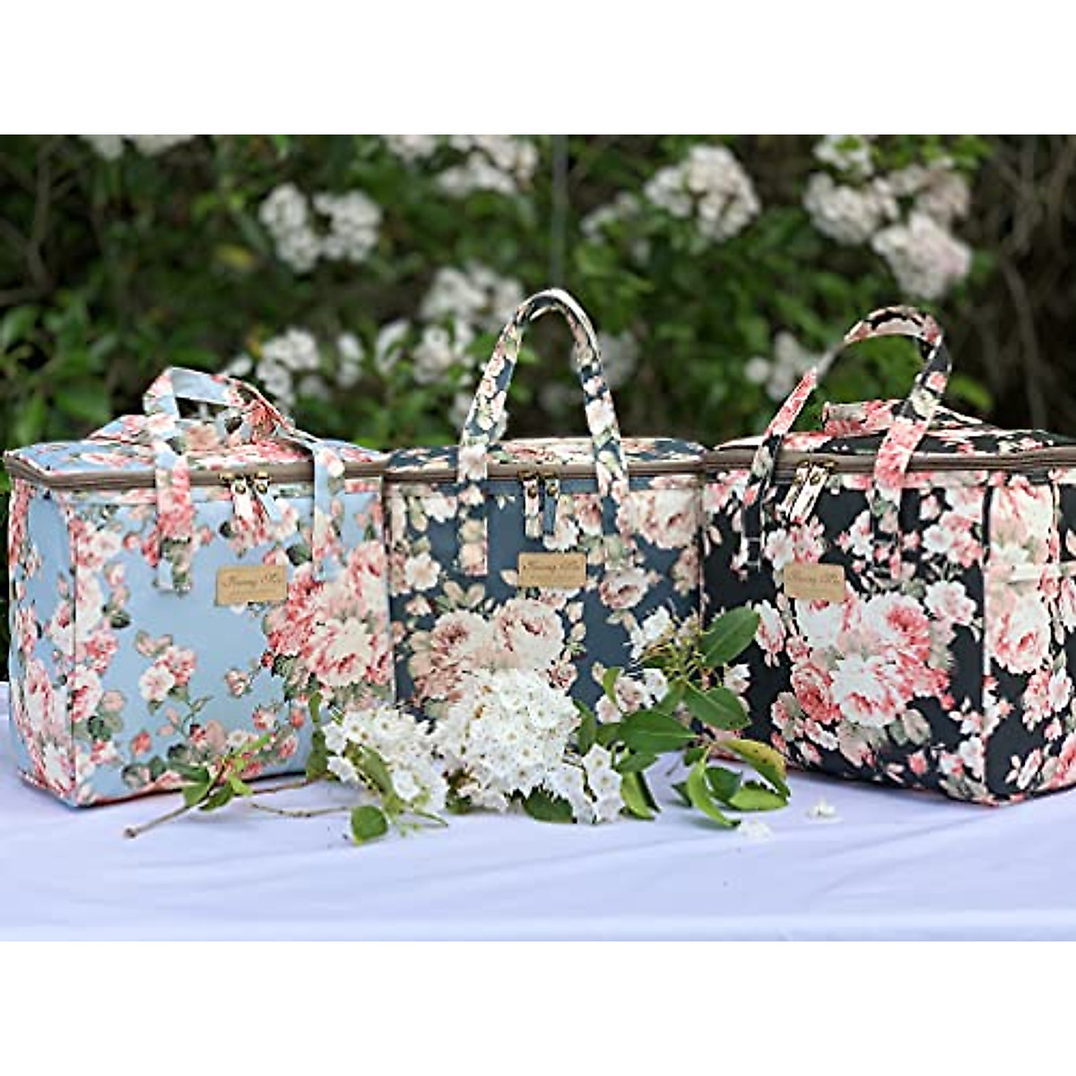 Kwang Min Floral Insulated Lunch Bag for Women,Reusable Lunch Box,Large Cooler for School,Office,Picnic Outdoors,Premium Waterproof Fabric,Ideal Gift for Girls/Adults (Peony Blue)