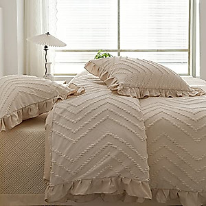 BAHALDEN Tufted Duvet Cover King Sets, Soft and Breathable Comforter Cover with Zipper Closure, Embroidery Boho Bedding with Ruffles, Cream Beige 104x90 inches and 2 Pillowcases
