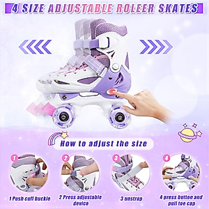 MammyGol Roller Skates for Girls Kids Boys, 4 Sizes Adjustable Quad Toddler Skates Indoor Outdoor Age 5-8 Purple Size 1 2 3 4