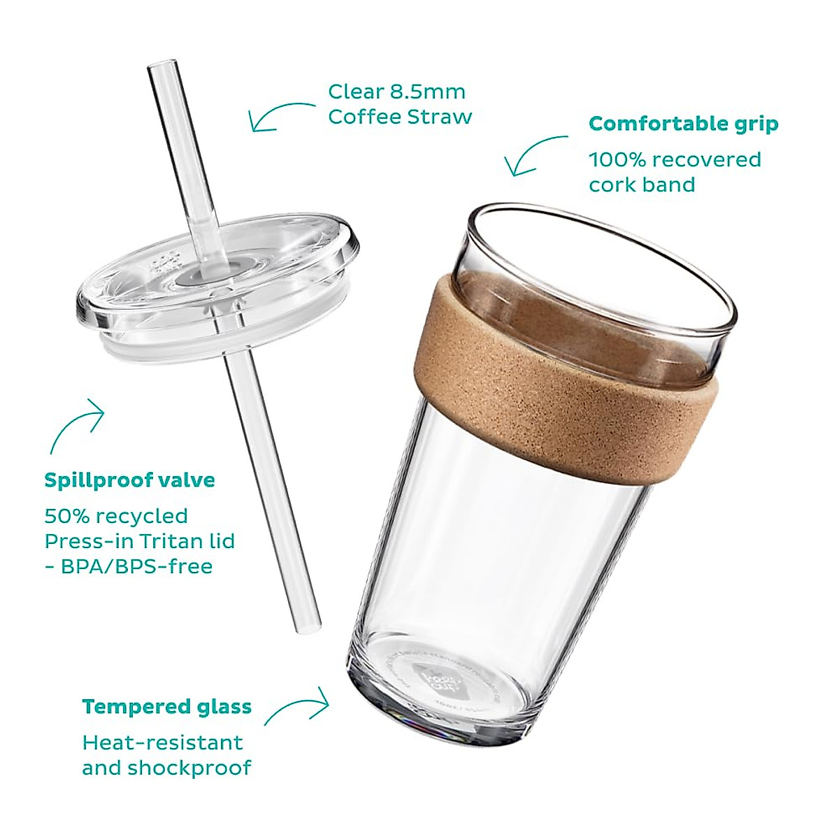 KeepCup Cold Cup - Brew Cork Tempered Glass Ice Coffee Tumbler with Recovered Cork Band, Lid and Straw - 16oz (454ml)