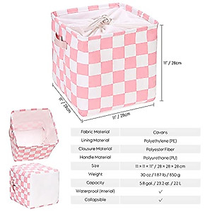 Hinwo 3-Pack Cubic Organizer Shelf Bins, Canvas Fabric Storage Baskets with Handles, 22L/5.8-Gal Square Storage Bins, Cubes, Collapsible Storage Box, 11 x 11 x 11 Inches (S, Pink Checkerboard)