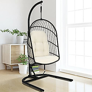 WYKDD Hanging Wicker Egg Chair w/Stand Cushion Foldable Outdoor Indoor Beige