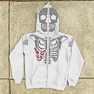 NaranjaBurbuja Y2k Skeleton Full Zip Up Hoodies Over Face Women Men Rhinestone Skull Graphic Print Sweatshirt Gothic Oversized Jackets Streetwear, Q-butterfly White Skeleton Goth
