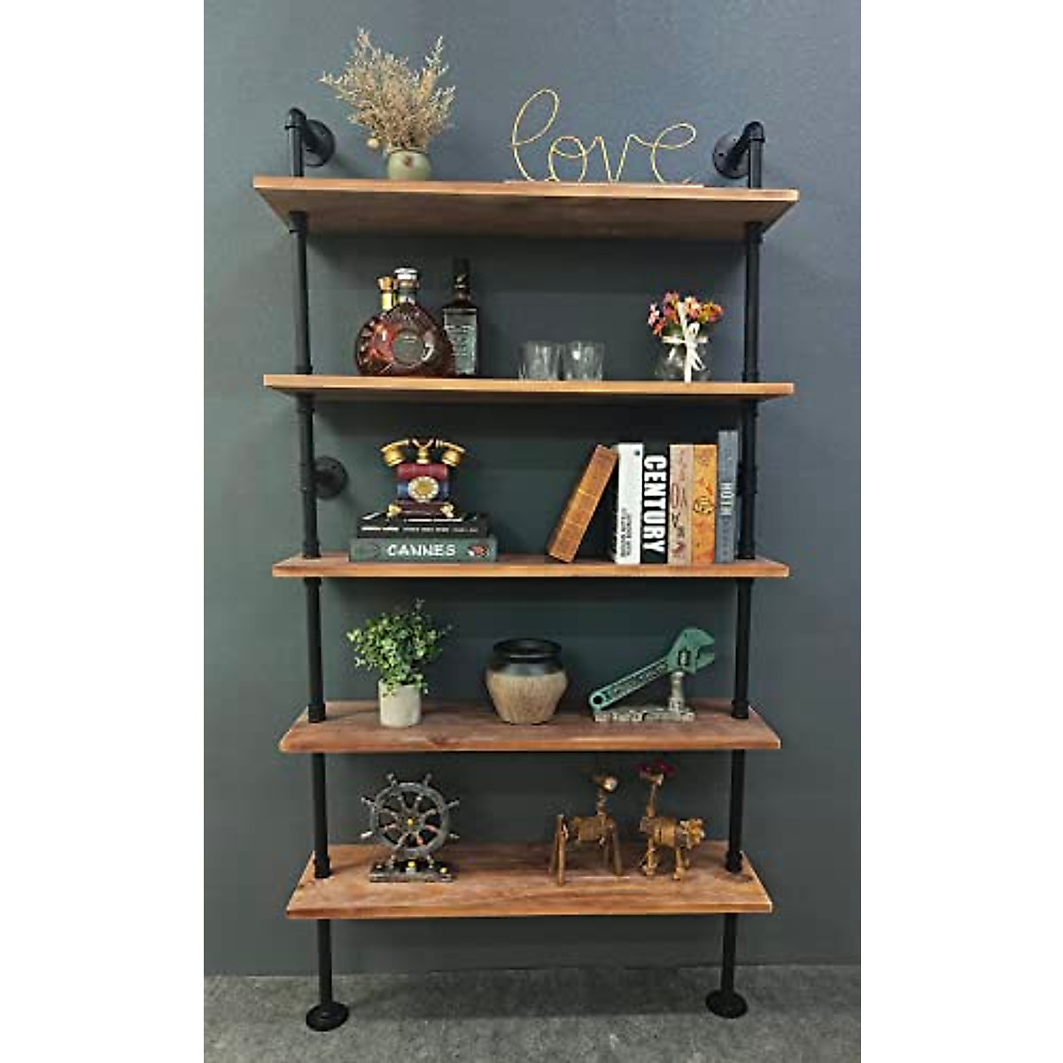 Anynice 5 Tier Industrial Ladder Shelf Bookcase, Wall Mounted Wood Metal Pipe Rustic Bookshelf for Living Room (Weathered Brown, 10" D x 36" W x 70" H)