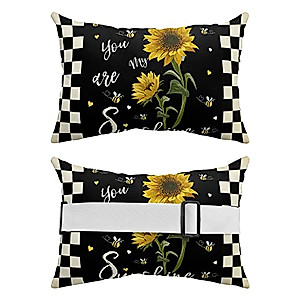 Recliner Head Pillow Ledge Loungers Chair Pillows with Insert Farmhouse Sunflower Black and Beige Buffalo Plaid Lumbar Pillow with Adjustable Strap Patio Garden Cushion for Sofa Bench Couch, 2 PCS