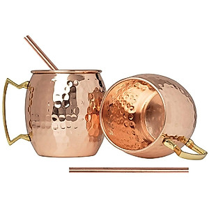 Hammered Moscow Mules Mug 560 ML/18 oz - Set of 4, Copper Plated (Free 4 pcs Wooden Coaster + 4 PCS copper straw )