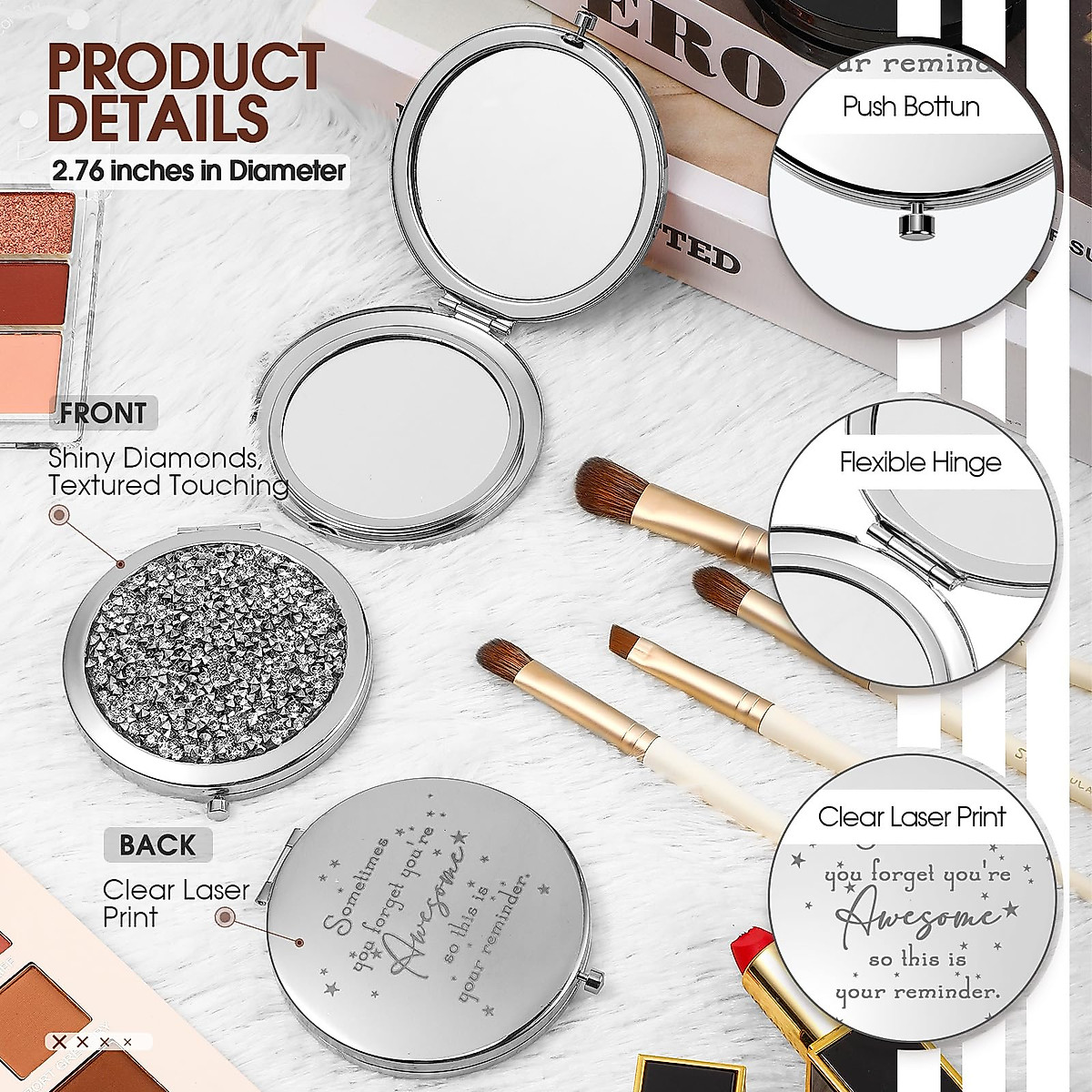 Roowest 10 Pcs Inspirational Compact Mirror Sometimes You Forget You're Awesome Appreciation Thank You Gifts for Women Employee Coworker Staff Birthday Favor Magnifying Pocket Mirror (White)