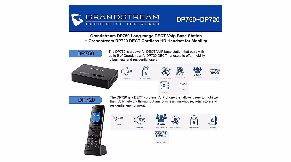 Grandstream DP750 Long-Range DECT Base Station + DP720 DECT Cordless HD ...