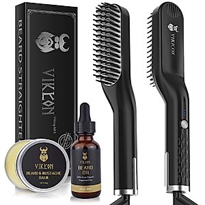 Beard Straightener for Men with FREE Beard Oil and Beard Balm, Fast Anti-Scald Beard Straightening Comb, Double Sided Ceramic Heated Beard Brush 3 Temperature Settings Portable for Travel and Home
