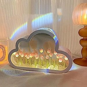 FIALAME DIY Tulip Night Light Room Decor Lamp & Mirror 2 in 1, Artificial Flowers Lamp Battery Powered Material Kit, Warm Ornament Gifts for Family and Friends (Pink)
