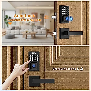 Tinewa Keyless Entry Door Lock with 2 Lever Handles, Fingerprint Entry Door Handleset, Electronic Digital Keypad Deadbolt with App, Auto Lock & One Touch Locking, Front Smart Door Handle Sets, Black