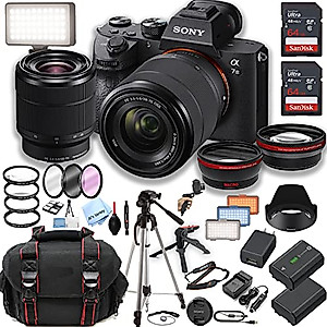 Sony a7 III Mirrorless Camera with 28-70mm Zoom Lens + 2pcs 64GB Memory + LED Video Light + Case+ Tripod + Steady Grip Pod + Filters + Macro + 2X Lens + 2X Batteries + Accessory Bundle