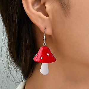 Star Moon Mushroom Necklace Earrings Set,Simulation Acrylic Red Mushroom Drop Earrings for Girls,Long Tassel Mushroom Shape Dangle Earrings for Women (4pair)