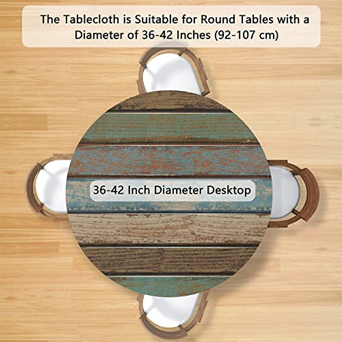 Round Fitted Tablecloth Retro Woodern Polyester Table Cloth with Elastic Edge for Round Table, Waterproof Wipeable Table Cover for Indoor Outdoor Picnic, Fits Tables up to 36" - 42" Diameter